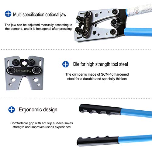 Knoweasy Battery Cable Lug Crimping Tool - Wire Crimper Tool for Heavy Duty Wire Lugs, Battery Terminals, and Copper Lugs - AWG 10, 8, 6, 4, 2, 1/0 Battery Cable Lug Crimper