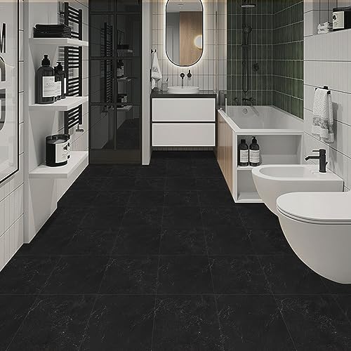 Peel and Stick Floor Tile Black Marble Vinyl Flooring Coverings Kitchen Bedroom Ground House Renovation Vinyl Tile Easy to Apply 10 Pieces/Pack