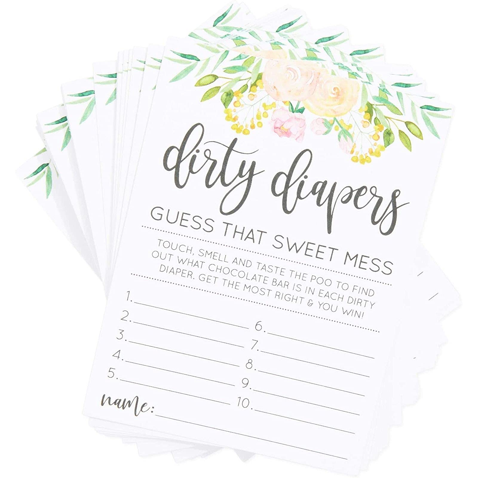 Dirty Diaper Game Baby Shower Fun, Easy Guessing Game Cards (Floral, 60 Pack)