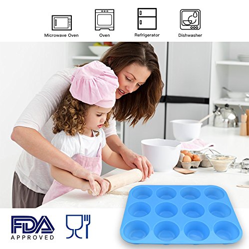 homEdge 12-Cup Silicone Muffin Pan, Pack of 3 Non-Stick Muffin Molds, Baking Pan for Cupcake, Tarts, Egg Bites-Blue
