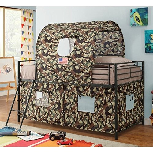 Roseberry Kids Modern Metal Camouflage Loft Bed with Tent Cover in Army Green