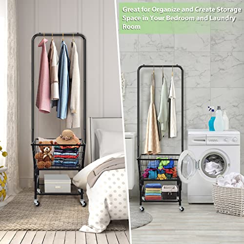 Laundry Cart with Wheels and Hanging Rack Rolling Laundry Basket with Clothes Rack Laundry Butler with Wire Storage Rack Coat Rack for Bedroom Hallway Laundry, Black-3
