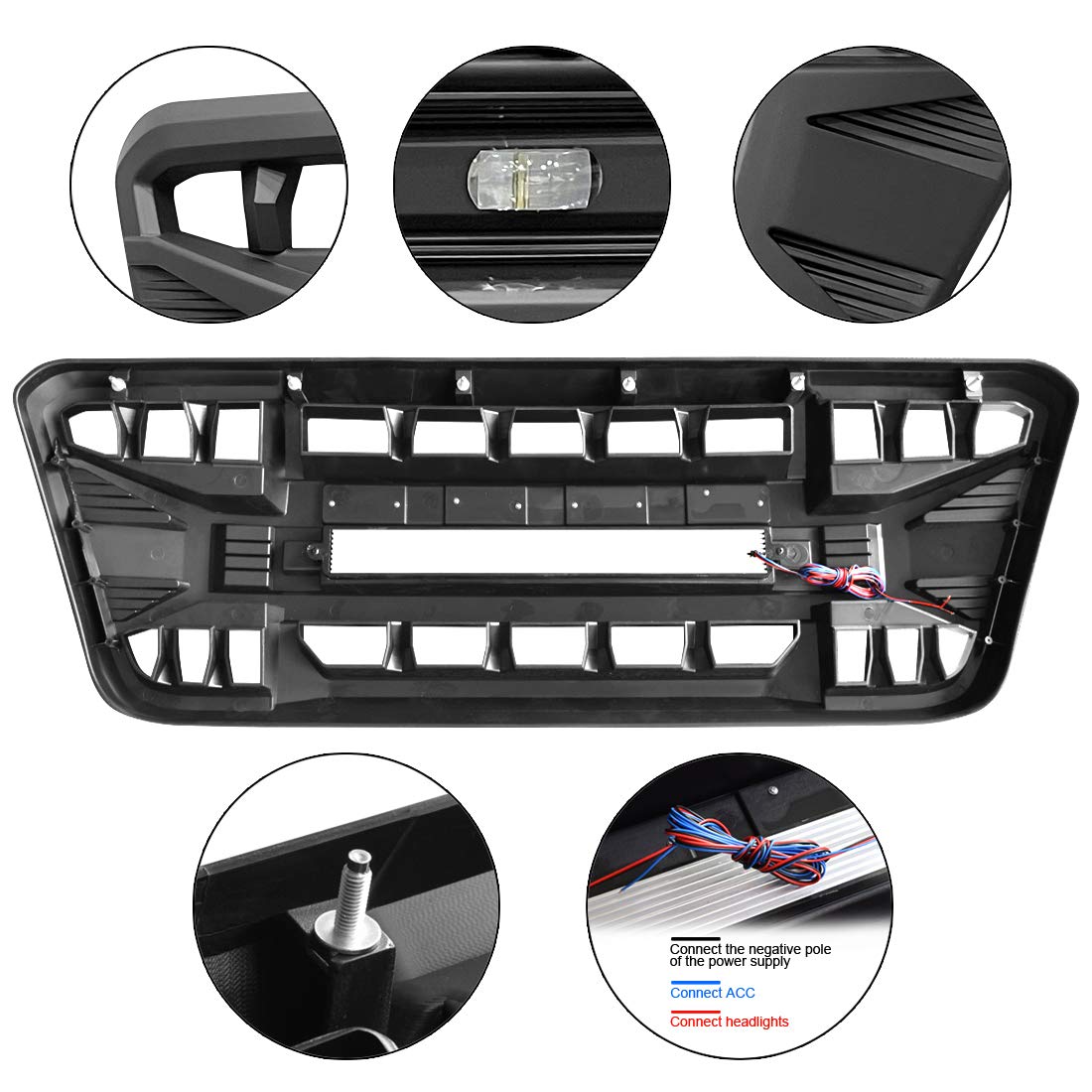 EOMD Front Grill for F150 2004 2005 2006 2007 2008, w/Off-Road Lights, Removable Letters, Matte Black