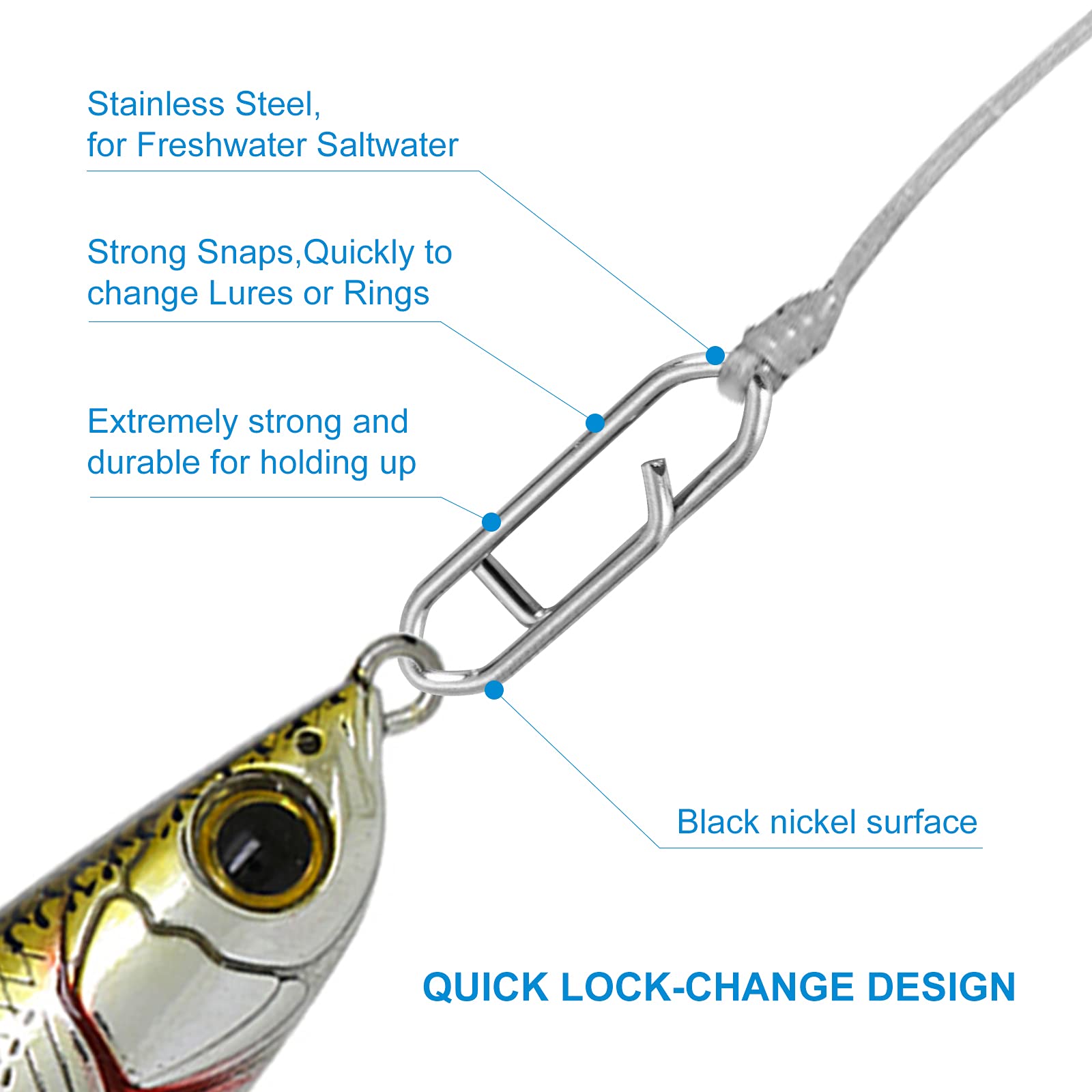 EOMTUR Tactical Anglers Power Clips Quick Fishing Snaps and Clips Stainless Steel Decoy Longline Clips Easy Change Lure Snap, 50 Pcs, 3 Sizes (Medium)