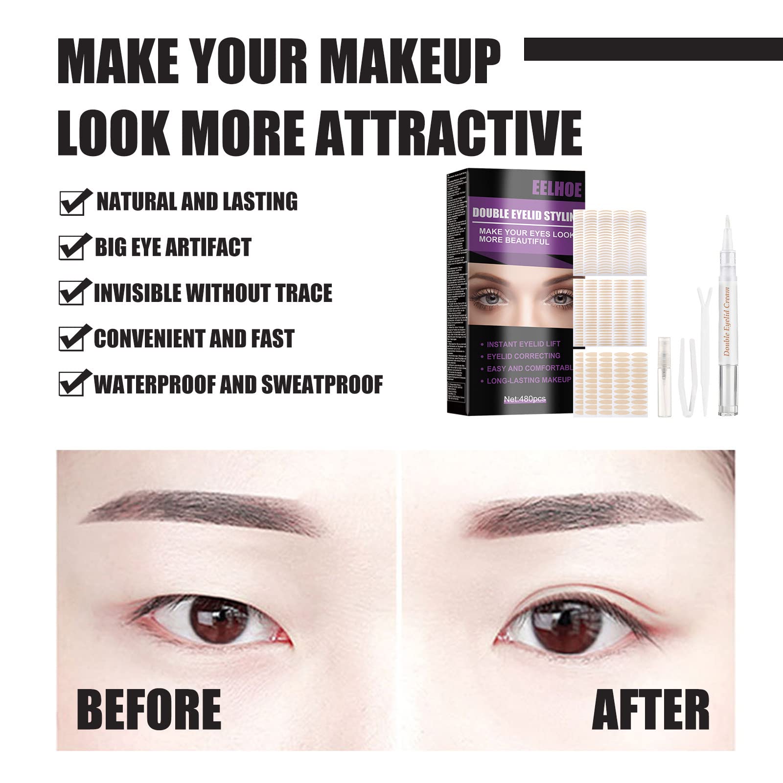 Lids by Design Eyelid Strips,Breathable and Waterproof Lids by Design Double Eyelid Strips with Fork Rods and Tweezers,for-Uneven/Droopy/Hooded-Eyelids