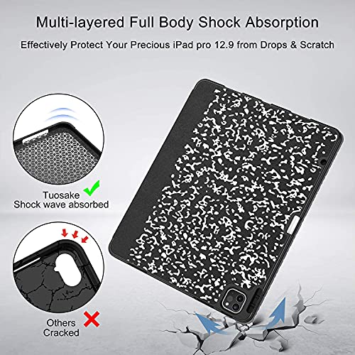 Tuosake iPad Pro 12.9 Case 2021/2022 5th/6th Generation with Pencil Holder,Slim Lightweight Trifold Stand Case【Pencil Charging+Auto Sleep/Wake】 Soft TPU Back Cover for iPad Pro 12.9 inch-Book