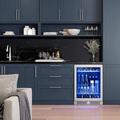 Zephyr Presrv 24" Wine Fridge & Beverage Refrigerator Single Zone Under Counter - Mini Wine Cooler Cellars Small Beer Fridge Cabinet Drink Chiller Freestanding Wine Beverage Cooler,13 Bottles, 84 Cans