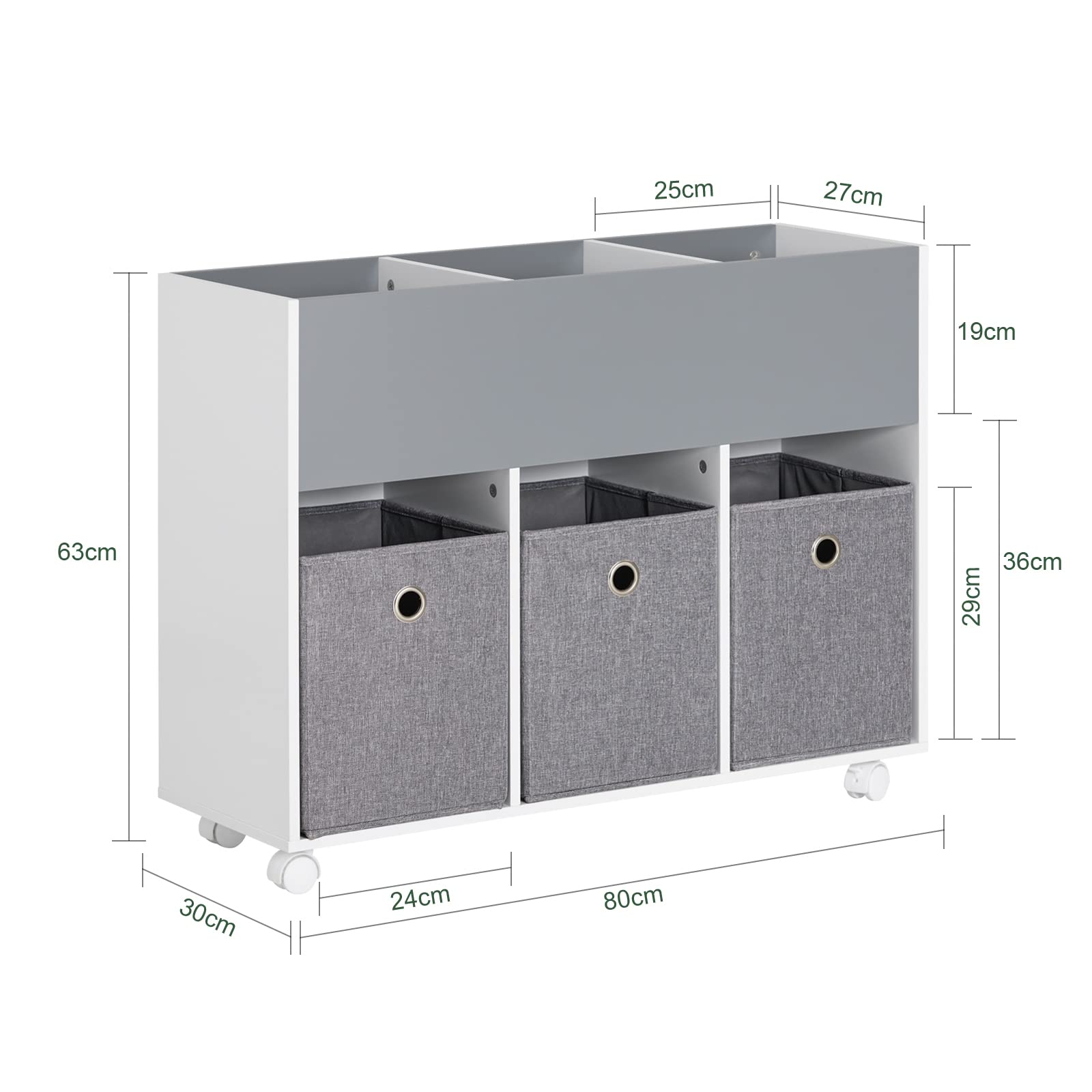Haotian Kids Toy Storage Organizer Cart, Bookshelf with 3 Baskets & Wheels Children Toddlers Bookcase Playroom Nursery, Grey, KMB61-HG