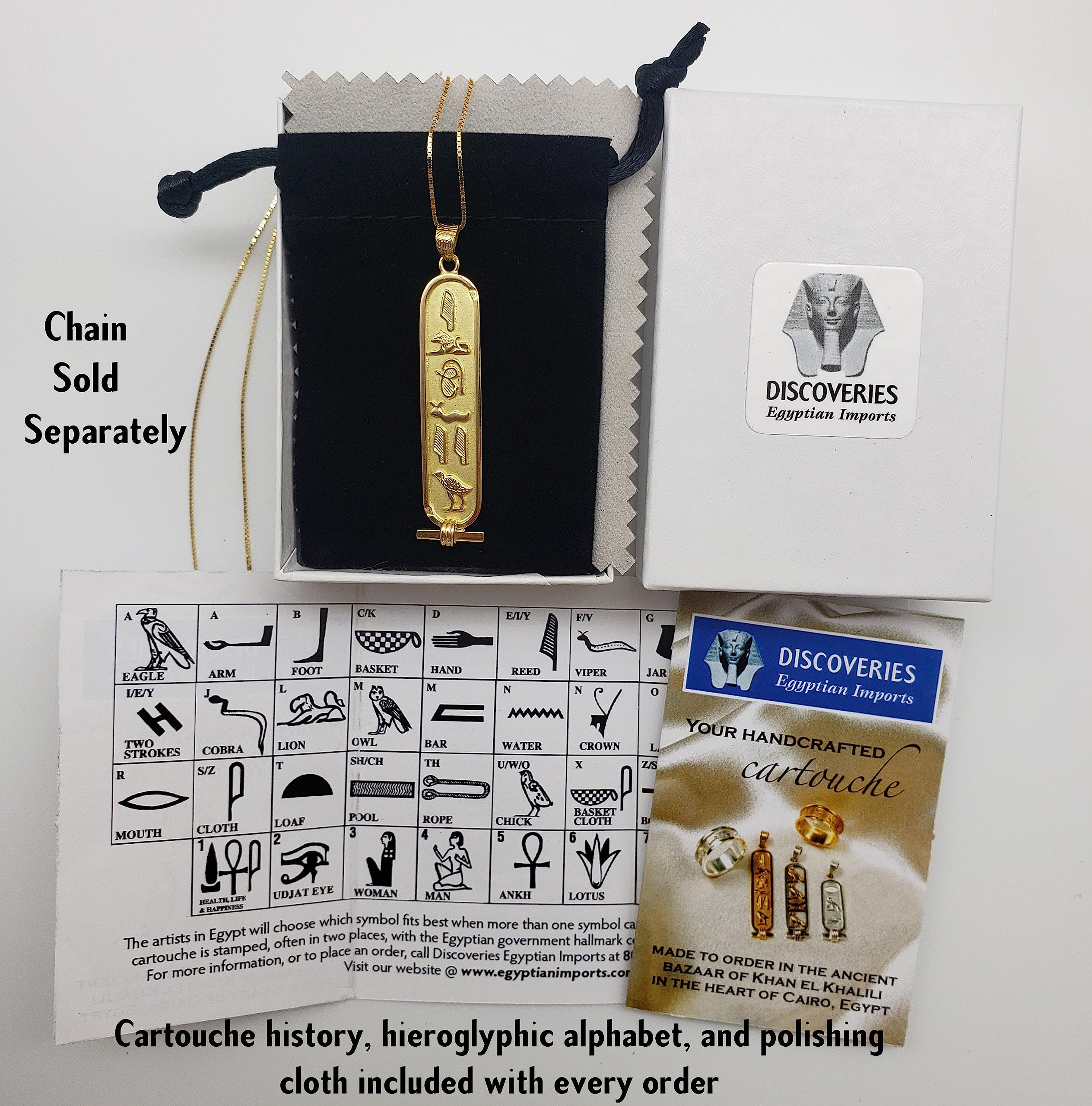 Discoveries Egyptian Imports Made in Egypt - Personalized Sterling Silver Cartouche Necklace Bundle - 1-Sided Solid Style Pendant with Hieroglyphs and 18" Chain - Handmade in Egypt Size: Large