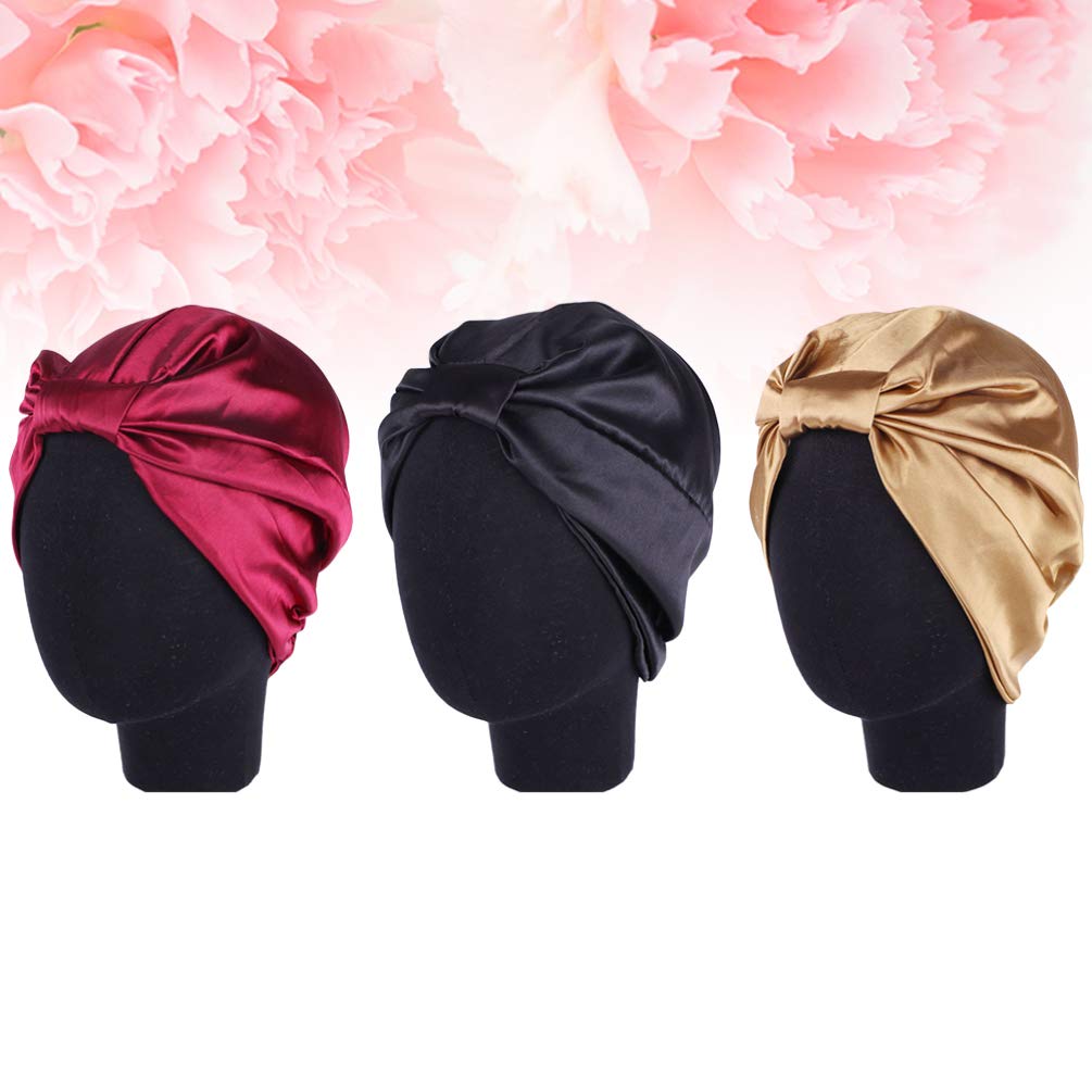EXCEART 3pcs Satin Silk Lined Sleep Cap Beanie Hat Elastic Night Headwear Turban Sleep Cap Black Wine Red Khaki