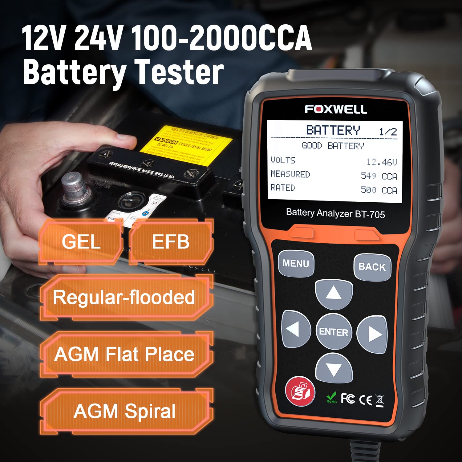 FOXWELL NT624 Elite Full-System Scanner Reset Tool with FOXWELL BT705 Car Battery Tester 12V 24V Automotive Battery Load Tester