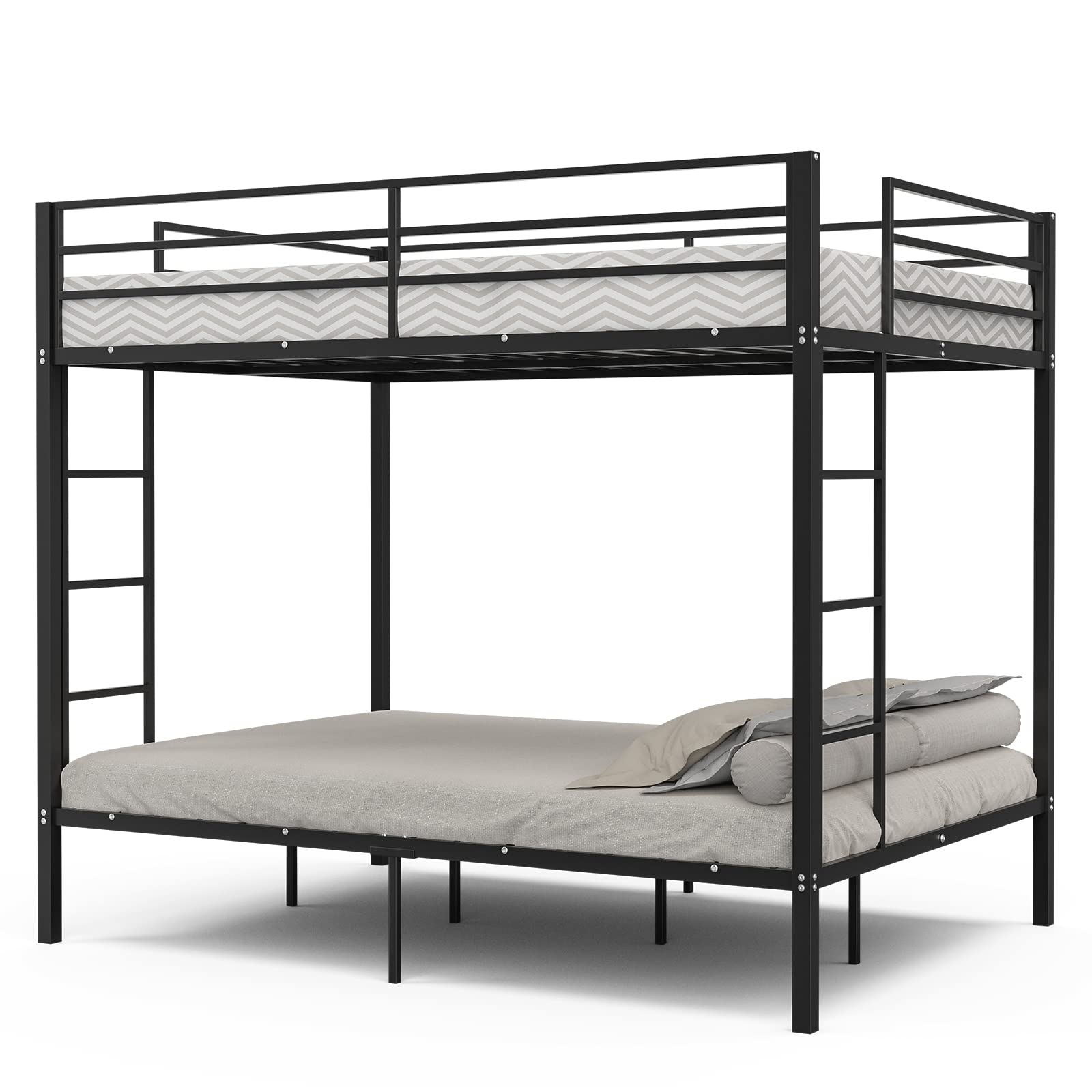 IKIFLY Metal Full Over Full Bunk Beds, Heavy Duty Full Size Bunk Bed Frame with 2 Built-in Ladders, Safety Guard Rail, Space-Saving Design, for Kids, Teens, Adults - No Box Spring Needed - White