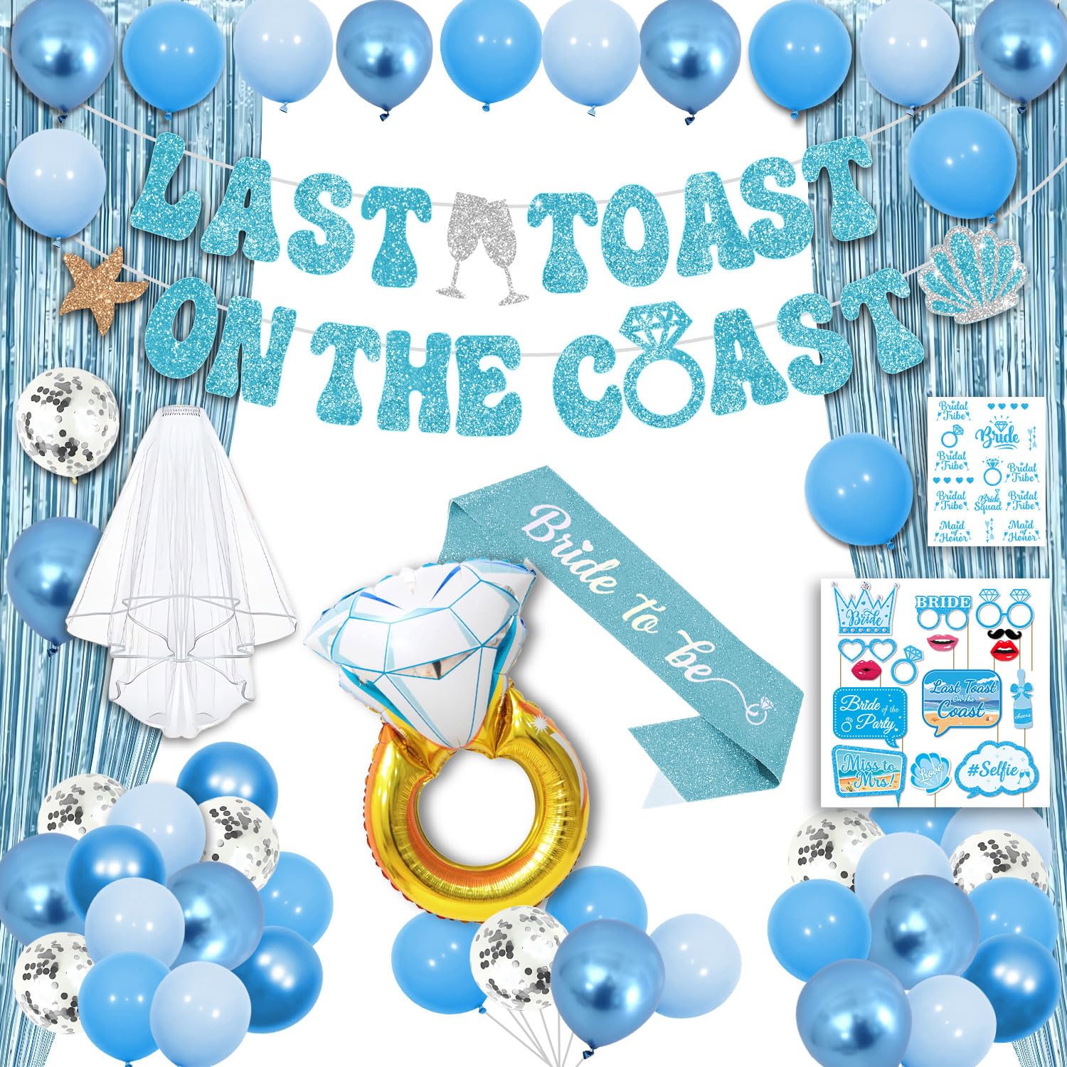 Last Toast on The Coast Bachelorette Decorations, Blue Bachelorette Party Favors Include Last Toast on The Coast Banner, Bachelorette Temporary Tattoos, Bride Balloons Bachelorette Decor