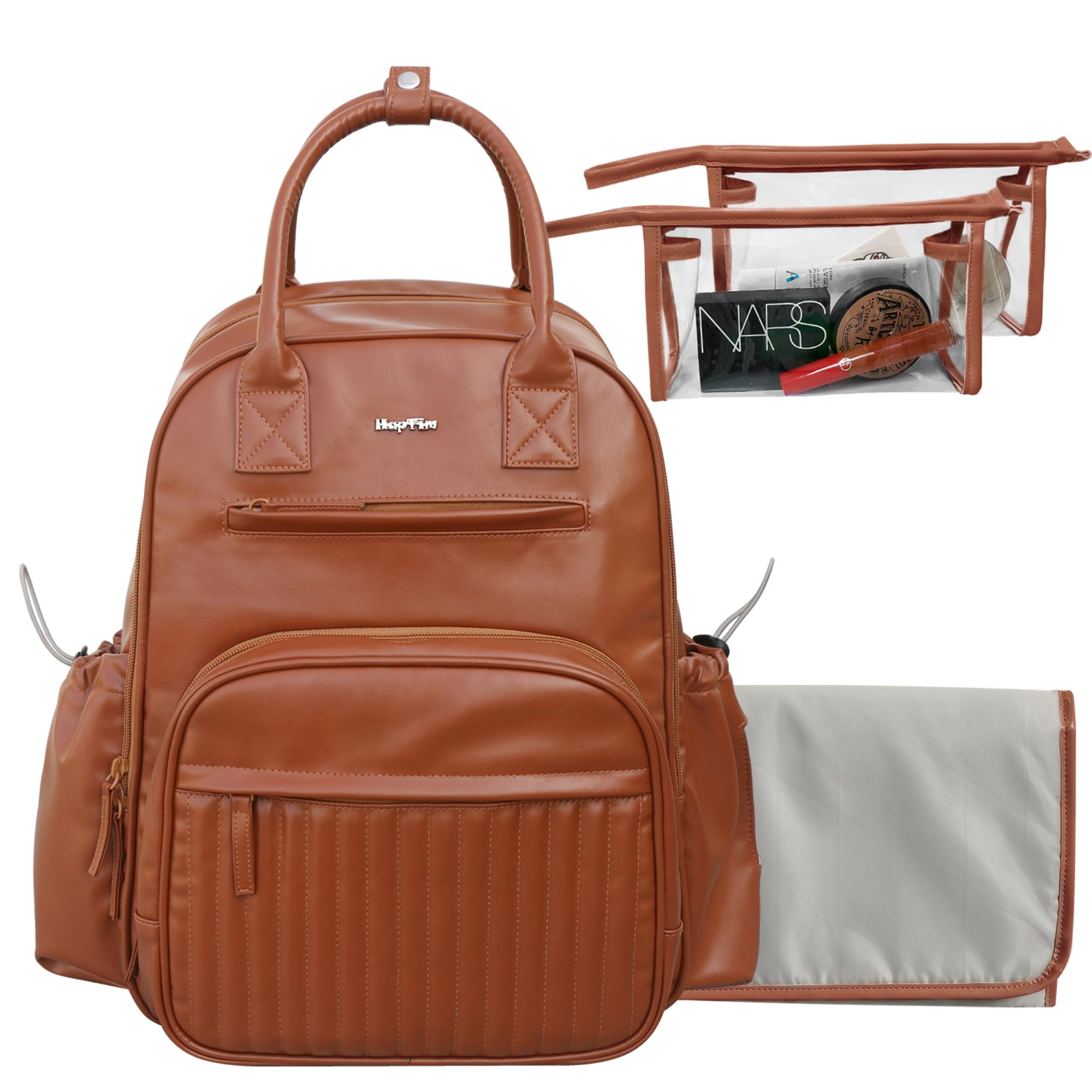 Hap Tim Diaper Bag Backpack, Leather Baby Bag with Changing Pad,19 Pockets, 2 Clear Makeup Bags, 2 Stroller Clips, Baby Registry Search, Brown(K2252-BR)