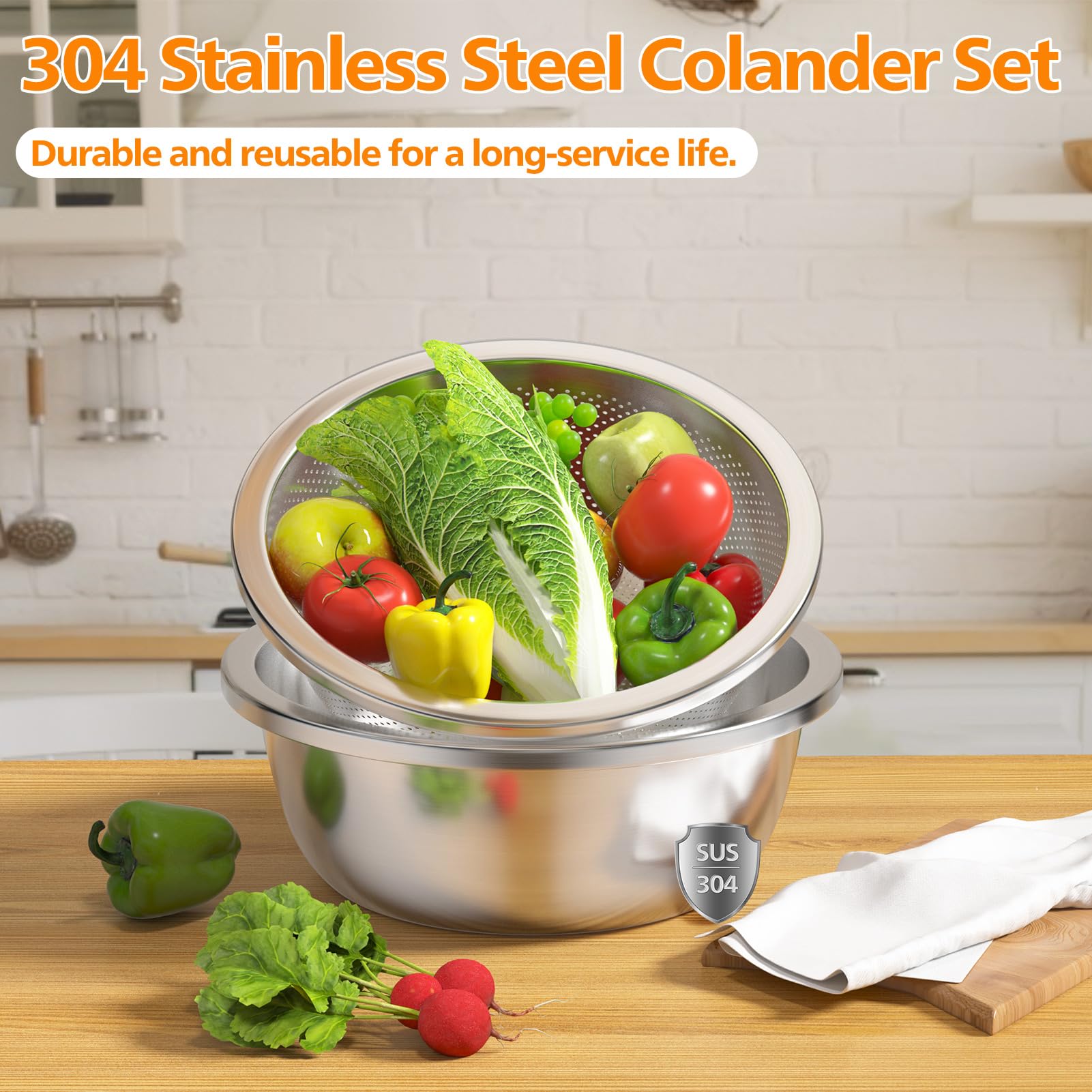 JSCARES 304-Stainless-Steel Colander with Mixing Bowls, 2-Quart Large Capacity, Metal Strainer Set Microporous Colander for Washing & Draining Rice, Fruit, Vegetables, Noodle, Cooked pasta(2PC)