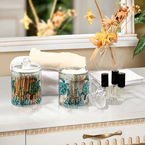 Turtles Qtip Holder Dispenser for Cotton Ball,Bathroom Organizers and Storage Containers,Plastic Jars with Lid Apothecary Jar for Cotton Swabs Pads - 2 Pack