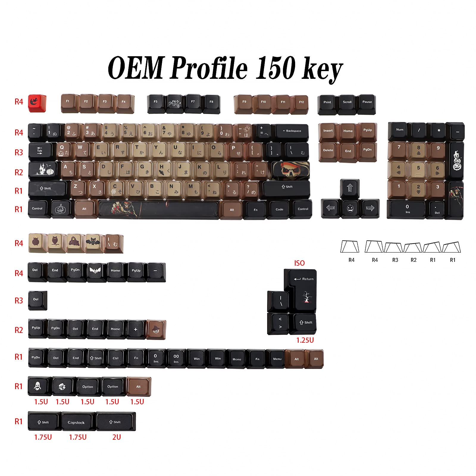 JSJT Halloween Keycaps 150 Keys Triple Side Transparent Japanese keycaps PBT Shine Through Keycaps OEM Profile Custom Keycap Set Suitable for 61/64/87/104/108 Cherry MX Switch Mechanical Keyboard