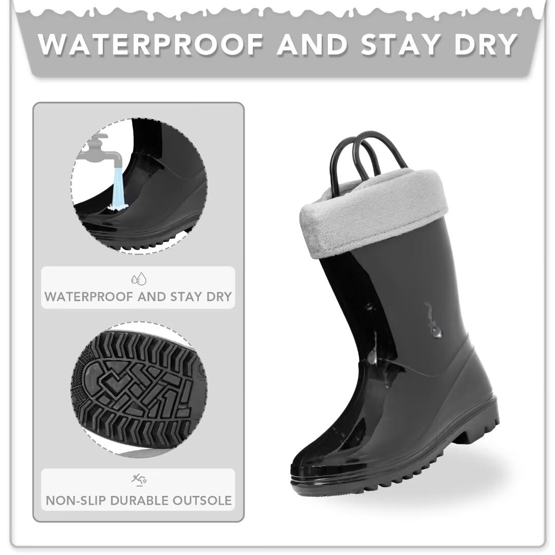 EUXTERPA Black Kids Rain Boots, Boys Winter Rain Boots with Warm Lining, Girls Waterproof Boots with Handles, Big Kid size 2