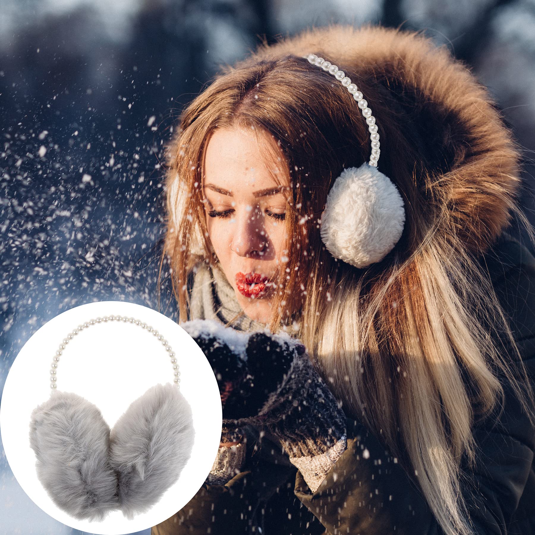 EOPER 2 Pieces Pearl Winter Earmuffs, Soft Plush Ear Warmers, Cold Weather Warm Hair Accessories (White+Pink)