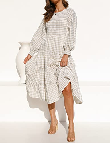 ZESICA Women's Casual Plaid Crew Neck Long Puff Sleeve Elastic Waist Smocked Flowy Tiered Midi Dress,Beige,Medium