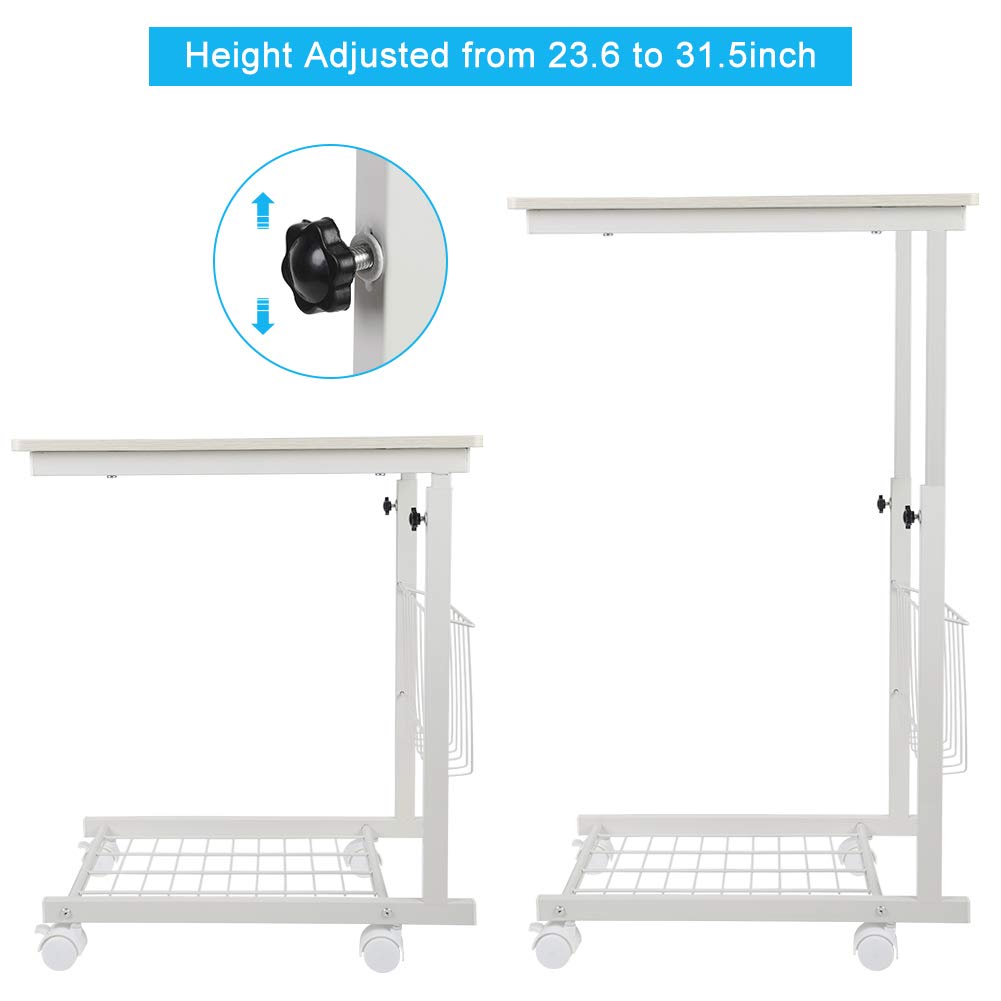 Ejoyous Height Sofa Side Table with Wheels, Movable Bedside End Table Computer Desk Laptop Stand Rolling Cart with Storage Basket for Home Couch Bedroom Office Workstation