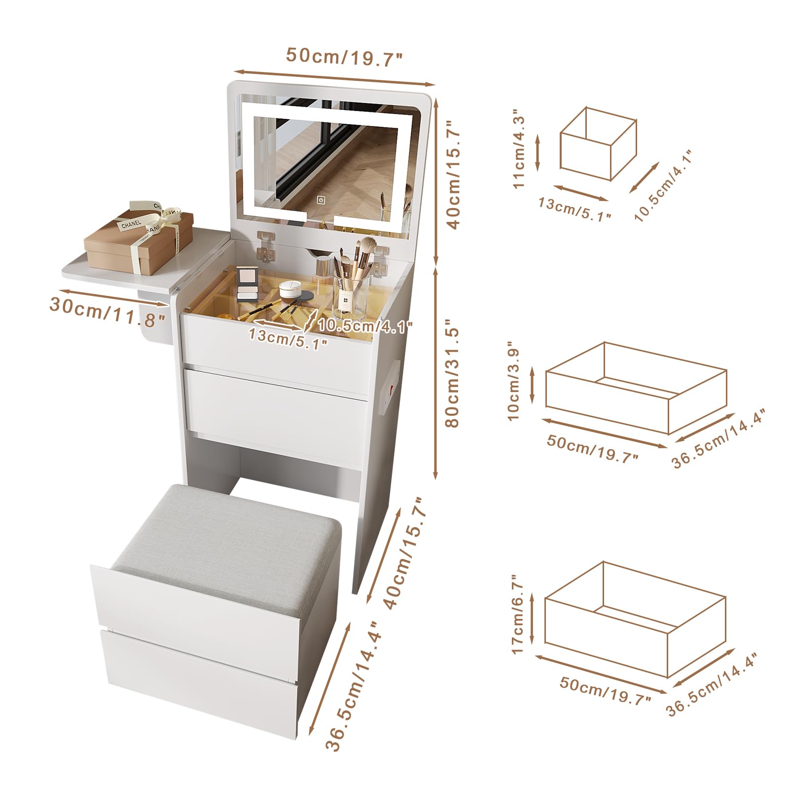 HIMAmonkey Small Makeup Vanity with Mirror and Lights, 3-in-1 Vanity Desk with 3 Drawers, Corner Vanity Set with Soft Stool, Compact Dressing Table for Living Room/Bedroom-19.7in/White