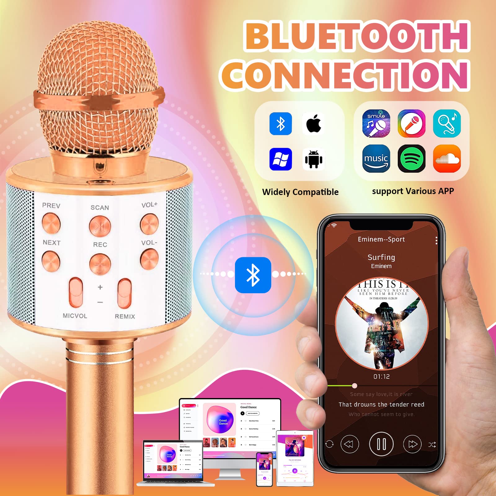 Hayruoy Bluetooth Microphone For Kids, Portable Handheld Microphone With 5 Voice Effects, Easy To Connect, Professional Karaoke System, Long Playback Time, Great Gift For Kids