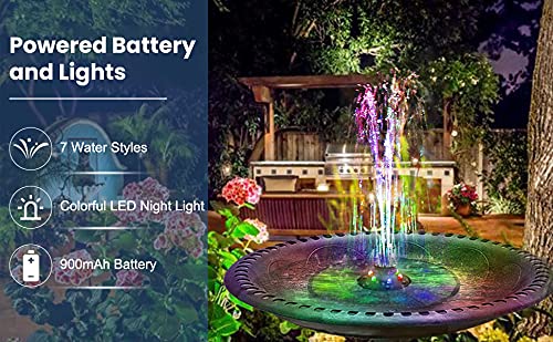 DoFida Solar fountain for bird bath w/ built-in 900mAh battery 6 x LED color light Complimentary 7 nozzle heads 3Watt solar panel