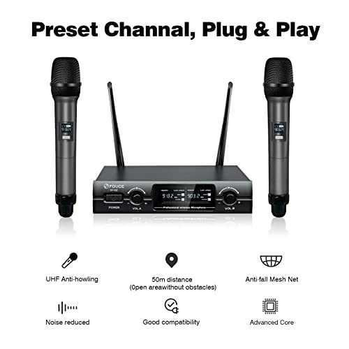 FDUCE Wireless Microphones System, Metal Dual Channel UHF Dynamic Microphone, Cordless Handheld Mics for Party, Home Karaoke, Conference Church, Wedding, Speech, SV322 (Gray)