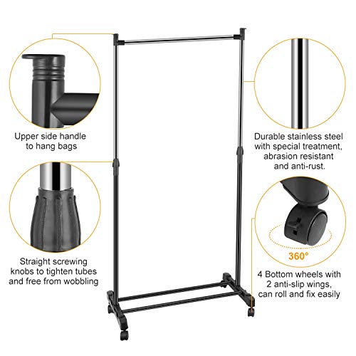 KOCASO Portable Ajustable Height Clothing Rack, Simple Rolling Clothing Rack Standard Rod Portable Small Garment Racks Metal Clothes Organizer with Lockable Wheels for Home Bedroom Balcony,Kids