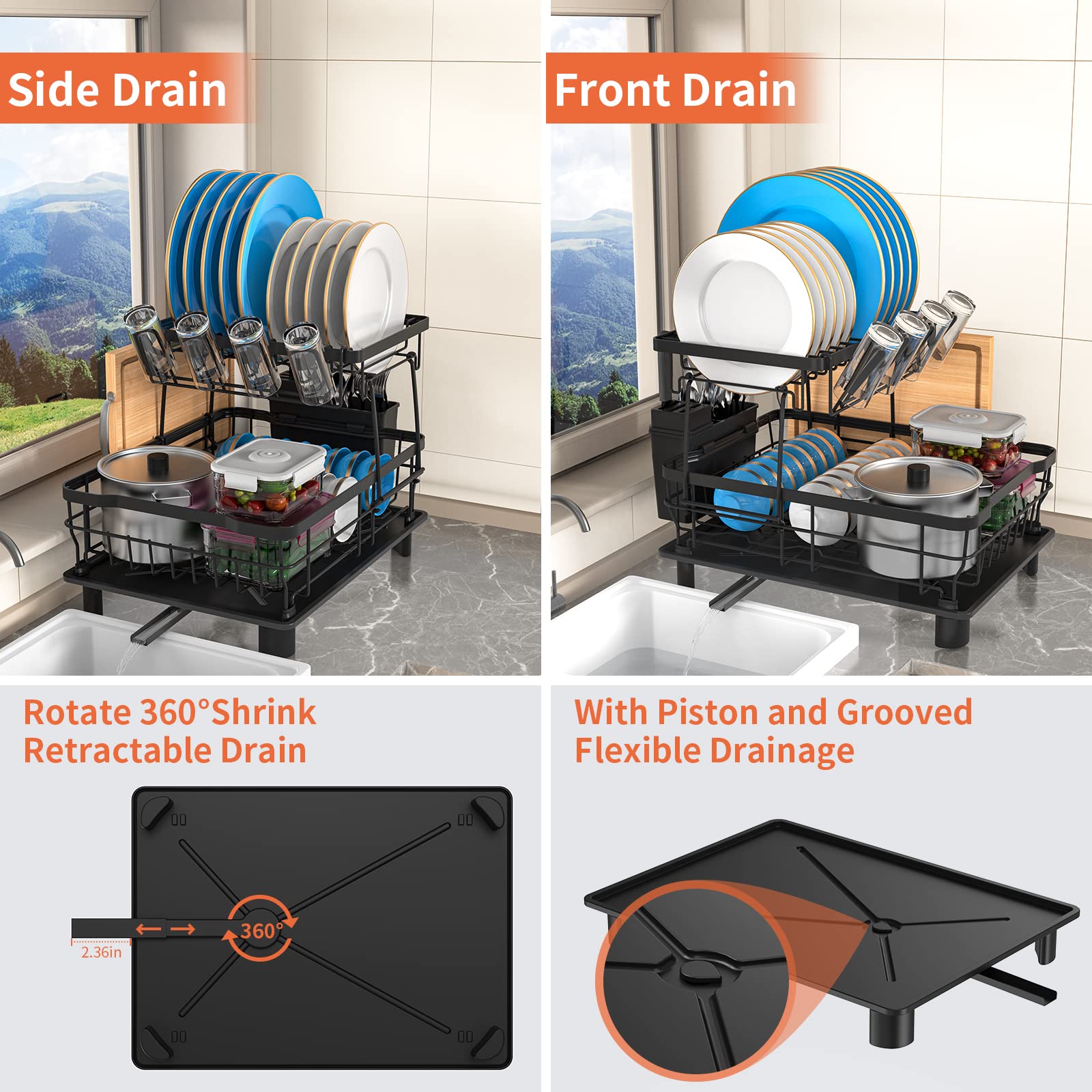 Dish Drying Rack with Drainboard, 2-Tier Dish Racks for Kitchen Counter,Detachable Large Capacity Dish Drainer Organizer Shelf Set with Utensils Holder,Dish Strainers with Extra Drying Mat (Black)