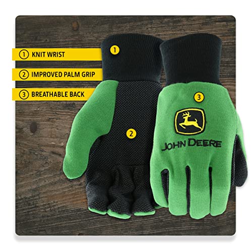 John Deere JD00002 Jersey Gloves - 10 oz Jersey Gloves for Youth, Ribbed Knit Wrist, Polyester/Cotton Fabric, Straight Thumb, Green/Black