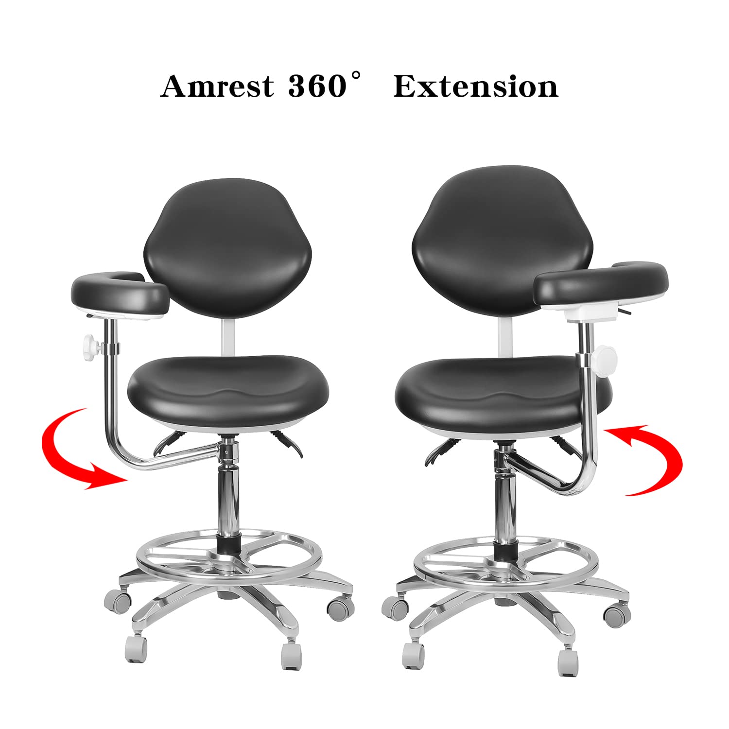 ORILAO Multi Function Adjustable Dental Assistant Stool with Armrest Rack Rolling Cover PU Leather Foot Controlled