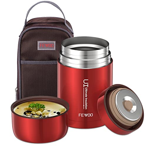 FEWOO Food Jar - 27oz Vacuum Insulated Stainless Steel Lunch Thermos, Leak Proof Soup Containers with bag for Hot or Cold Food (Red)