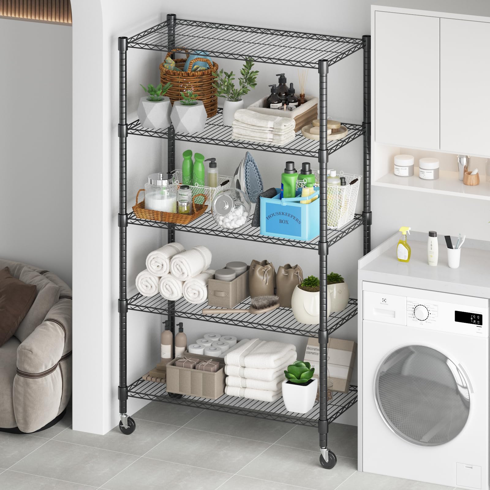 Himimi 18" D×36" W×82" H Storage Shelves with Wheels Metal Wire Shelving Unit 5 Tier Adjustable Shelving Heavy Duty Garage Shelf Organizer Rack Loads 2000LBS,Black