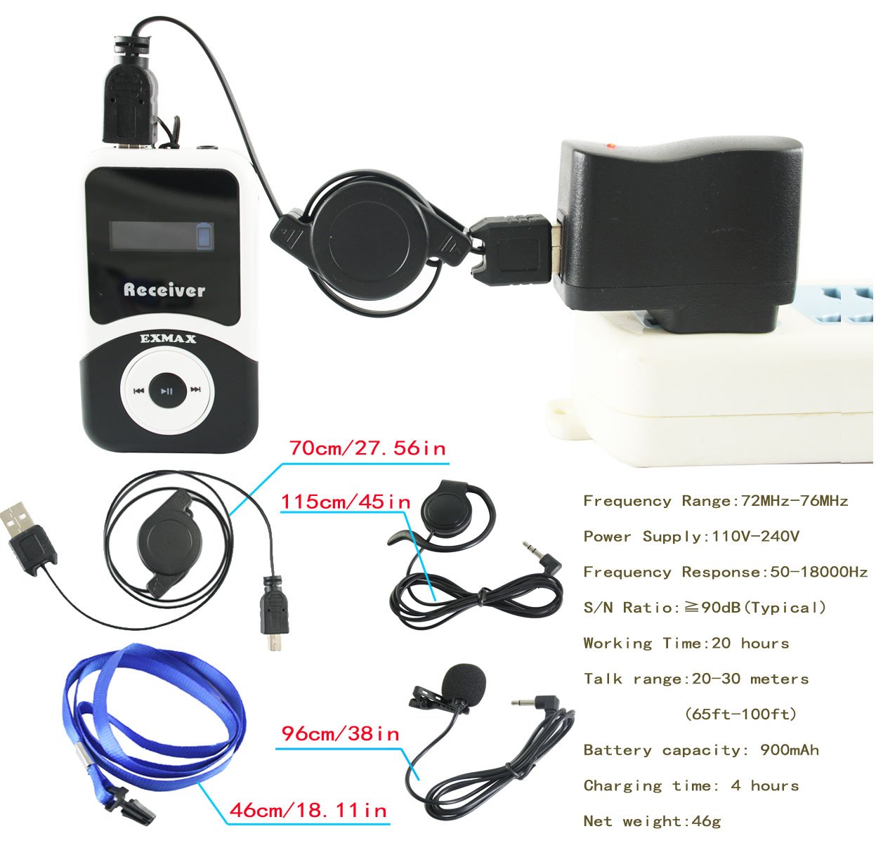 EXMAX EX-100 Wireless Tour Guide Interpreter Transmitter Microphone System for Churches Church Translation Simultaneous Interpreting Teaching Silent Conference City Travel(1 Transmitter 20 Receivers)