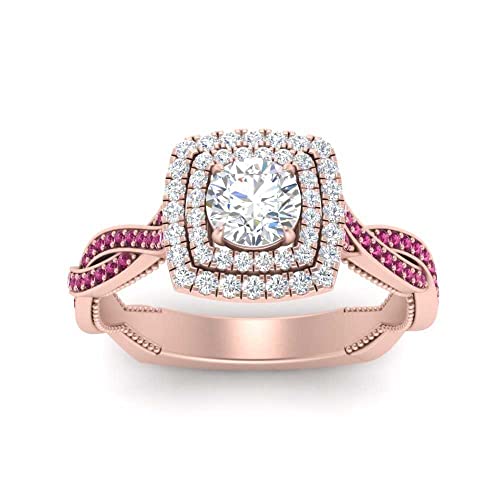 Gemsonclick Double Halo Twisted Shank Engagement Ring rose gold plated Created Pink Sapphire Round shape Pink color Halo Engagement Rings prong and pave setting. in Size 7