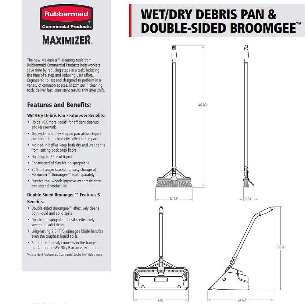 Rubbermaid Commercial Products Maximizer Wet/Dry Debris Dustpan with Hanger Bracket, Black, Outdoor/Indoor For Wet and Dry Floor Cleaning, Compatible with And Broom/Squeegee