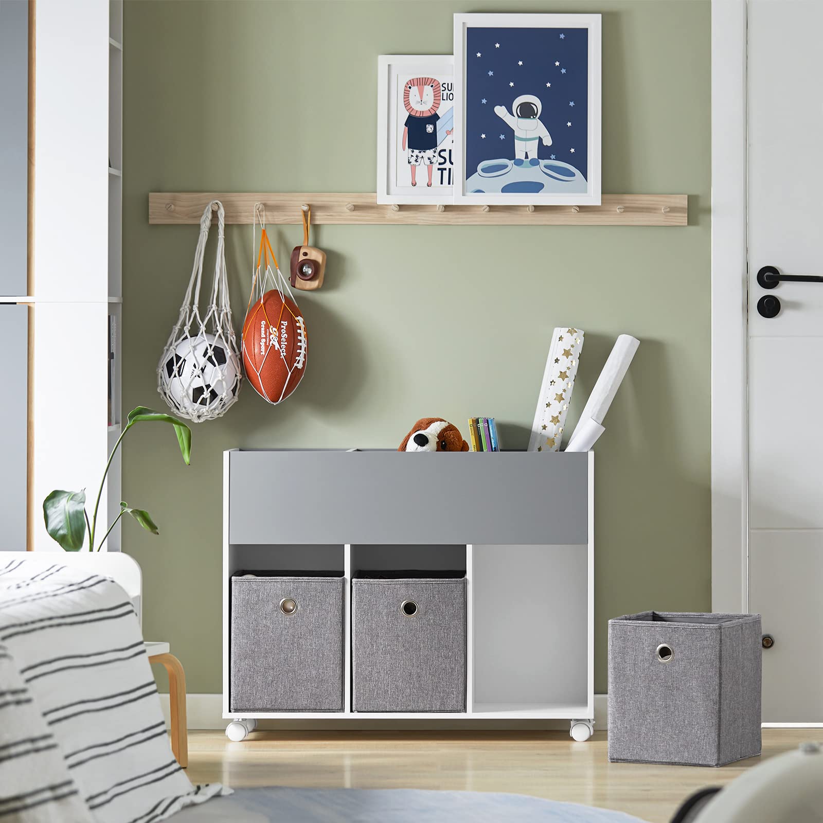 Haotian Kids Toy Storage Organizer Cart, Bookshelf with 3 Baskets & Wheels Children Toddlers Bookcase Playroom Nursery, Grey, KMB61-HG