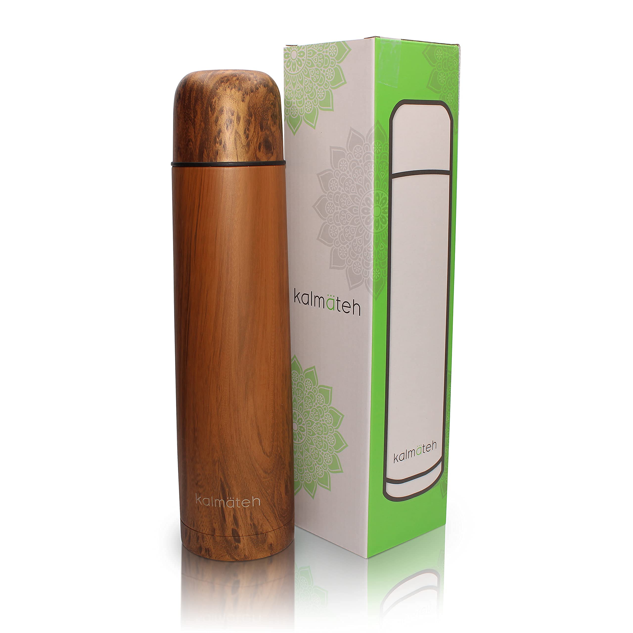 KALMATEH Modern & Elegant Yerba Mate Thermos- Vacuum Insulated and Double Walled 18/8 Stainless Steel- BPA Free - Thermos Designed for Use With Mate Cup or Mate Gourd (Wood, 1000ml)