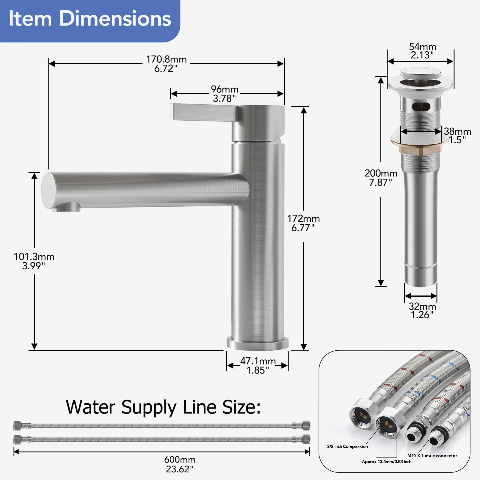 Phiestina Single Hole Single Handle Low Arc Brushed Nickel Bathroom Sink Faucet, Basin Faucet with Metal Pop-up Drain & Water Supply Line, FH01-BN