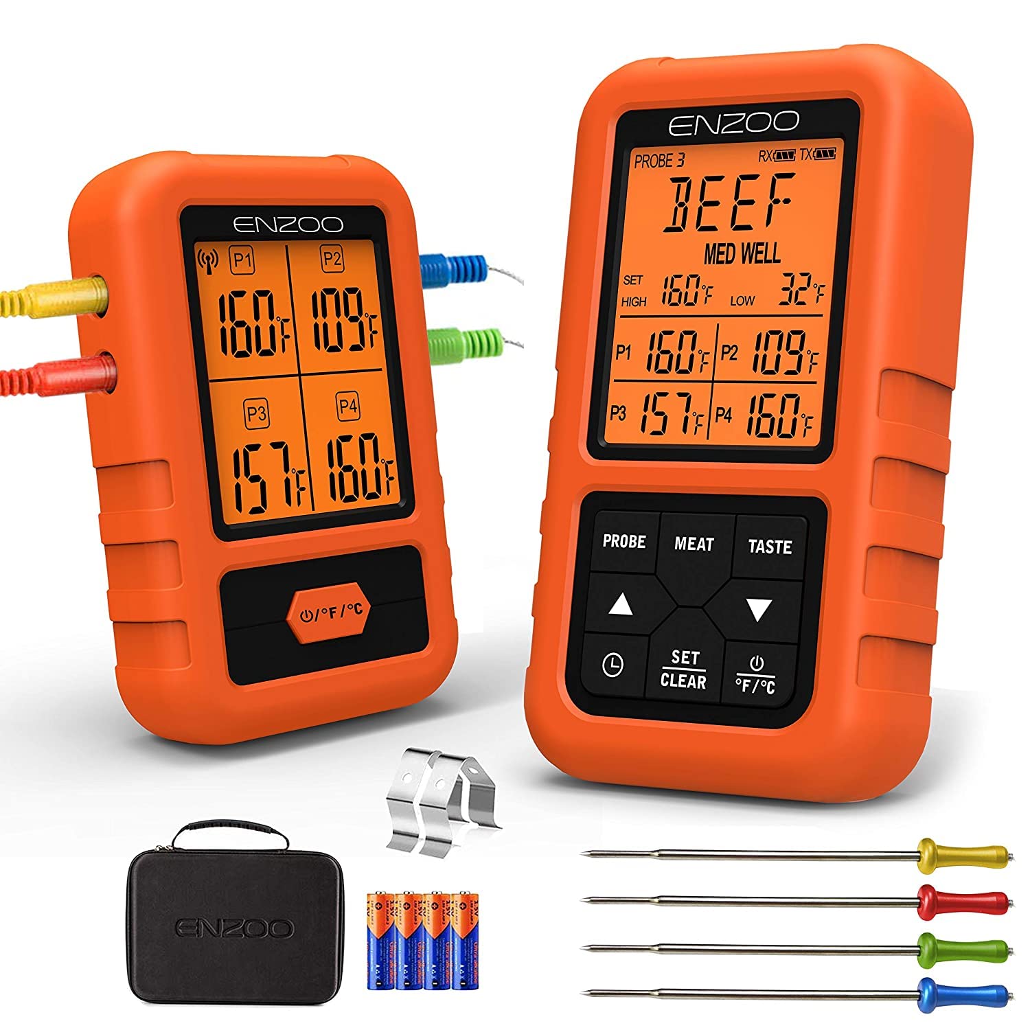 ENZOO Wireless Meat Thermometer with 4 Probes for Grilling, Instant Read Food Thermometer, Digital Meat Thermometer, Cooking Thermometer for Smoker, BBQ Accessories