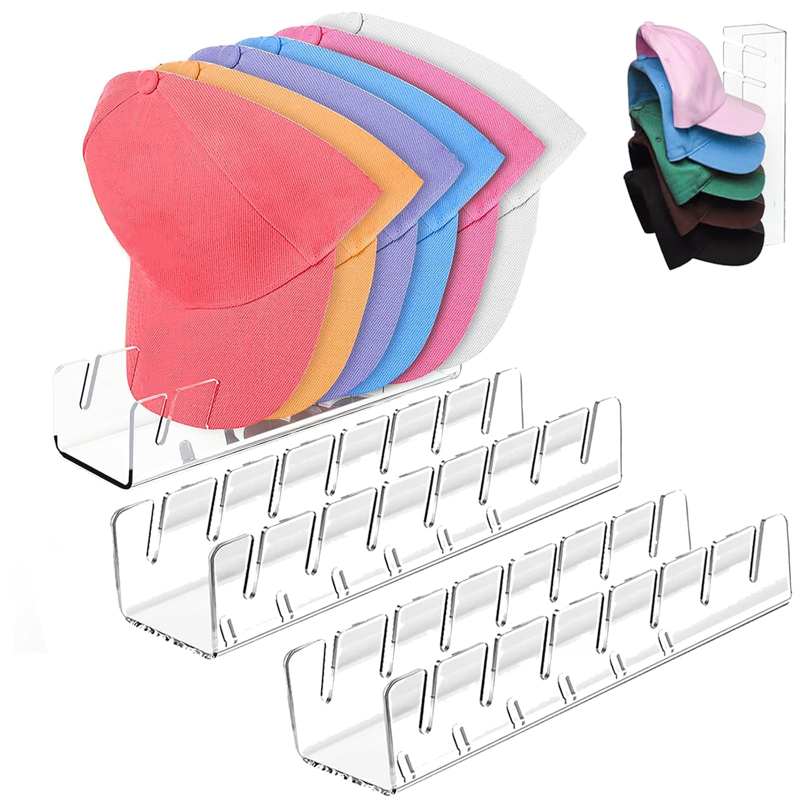 GSCDJCM 3 Pack Hat Stand for Baseball Caps Display and Organizer, No Install Acrylic Hat Organizer, Hat Racks Display and Organizer, for 21 Baseball Caps, for Bedroom, Closet, Dresser(Clear