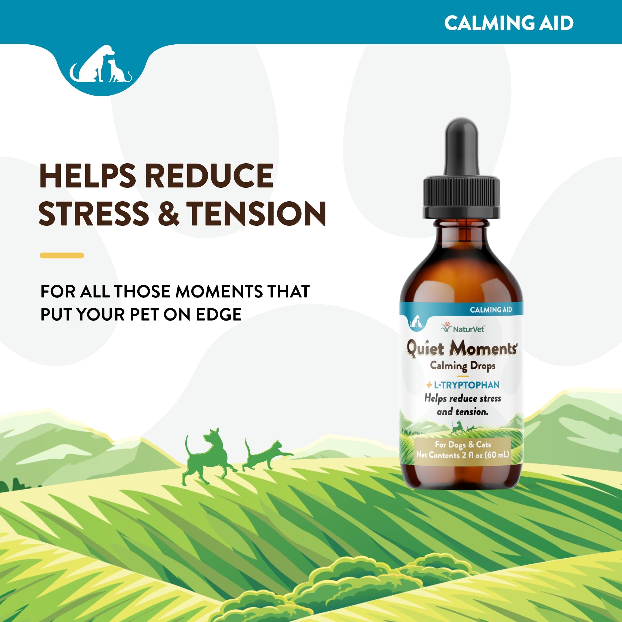 NaturVet Quiet Moments Calming Drops for Cats & Dogs β Helps Reduce Pet Stress, Promotes Relaxation β Dog Supplement, Cat Supplement Includes L-Tryptophan, Ginger, Chamomile β 2 Oz.