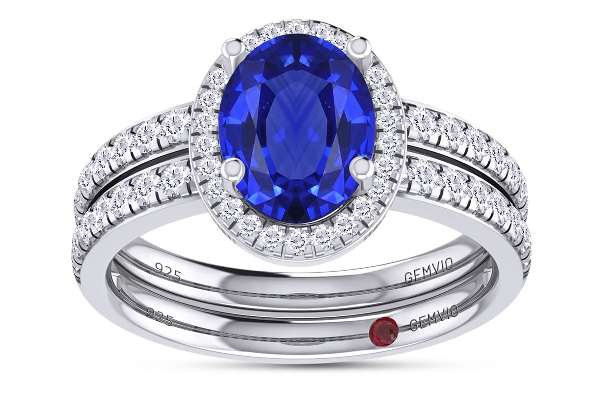 GEMVIO Collection 8X6MM Oval Cut Lab Created Blue Sapphire Gemstone & Natural Diamond Halo Bridal Set Engagement Ring In 14K White Gold Over Sterling Silver Anniversary Wedding Ring (1.40 Cttw)-9