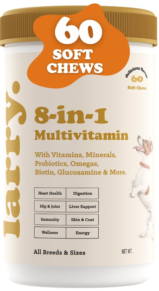 Larry 8-in-1 Multivitamin Dog for Small Dogs | Heart, Digestion, Liver, Skin, Coat, & Joint Support for Dogs | with Vitamins, Minerals, Omegas, & Glucosamine Chondroitin | 60 Soft Chews