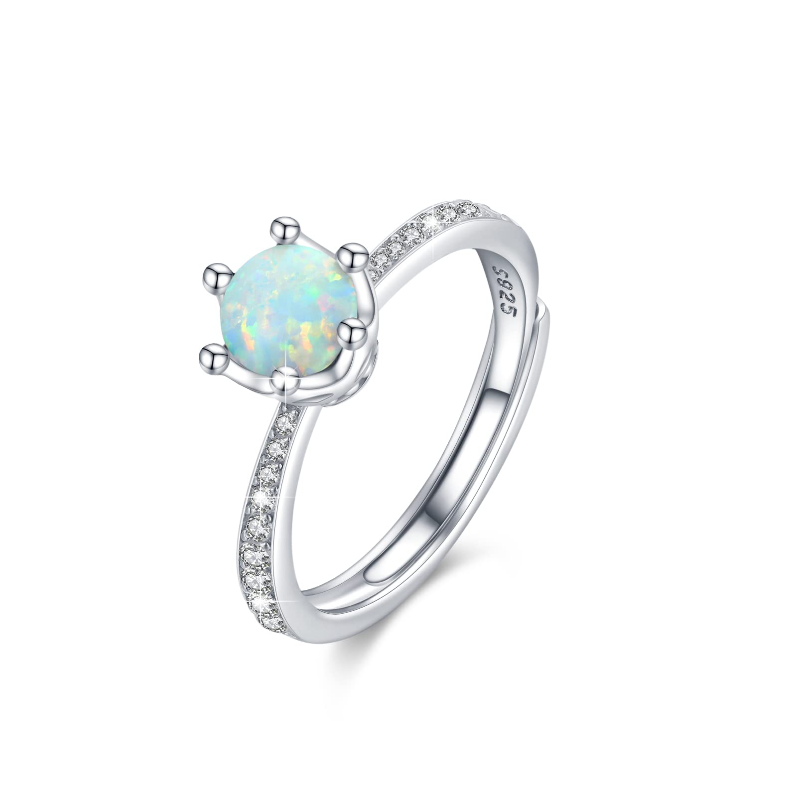 ECHOOY Opal Ring 925 Sterling Silver Adjustable Opal Crown Ring Princess Engagement Promise Ring Opal Jewelry for Her Wife Girlfriend Mom
