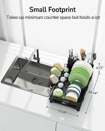ULG Dish Drying Rack with Drainboard, Countertop Dish Rack, Rustproof Dish Drainer for Kitchen Counter, Draining Rack with Detachable Utensil Holder, Adjustable Swivel Spout Dish Strainers, Black