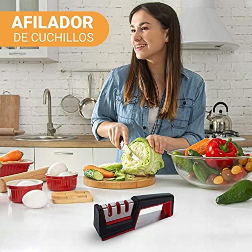 Professional Manual Sharpener for Kitchen Knives and Scissors. Manual sharpener. DIAMOND powder blades for ceramic or steel knives - Non-slip base - GIFT SAFETY GLOVE