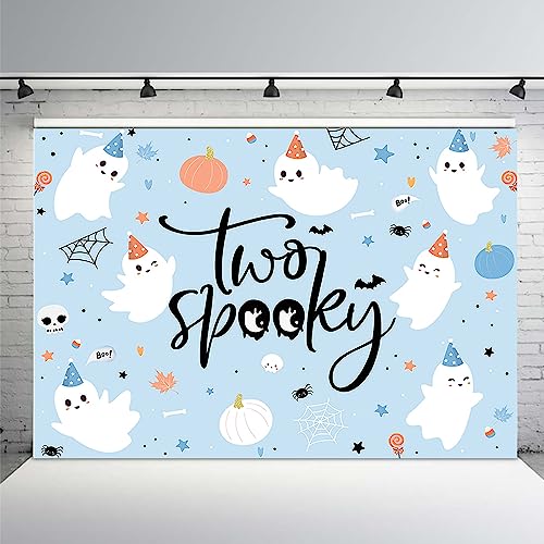 MEHOFOND 7x5ft Halloween Two Spooky Blue Backdrop Little Boo Happy 2nd Birthday Party Decoration Banner Supplies for Boys Spooktacular Happy Booday Photography Background Photo Studio Props